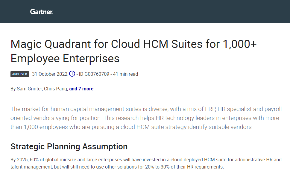 2022 Gartner® Magic Quadrant™ for Cloud HCM Suites for 1,000+ Employee ...